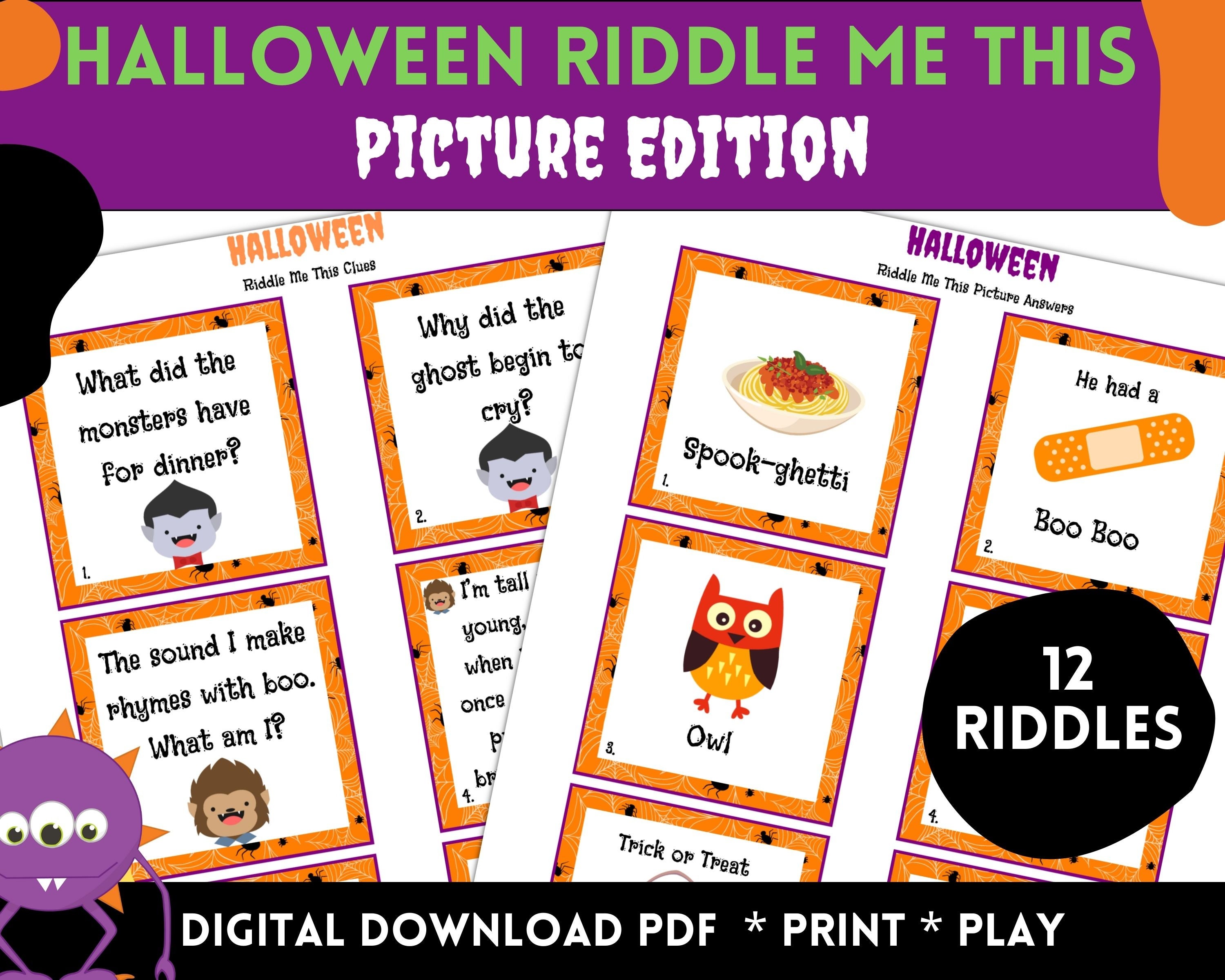 Halloween Riddles Party Game for Kids W/ Picture Answers, Home or Class ...