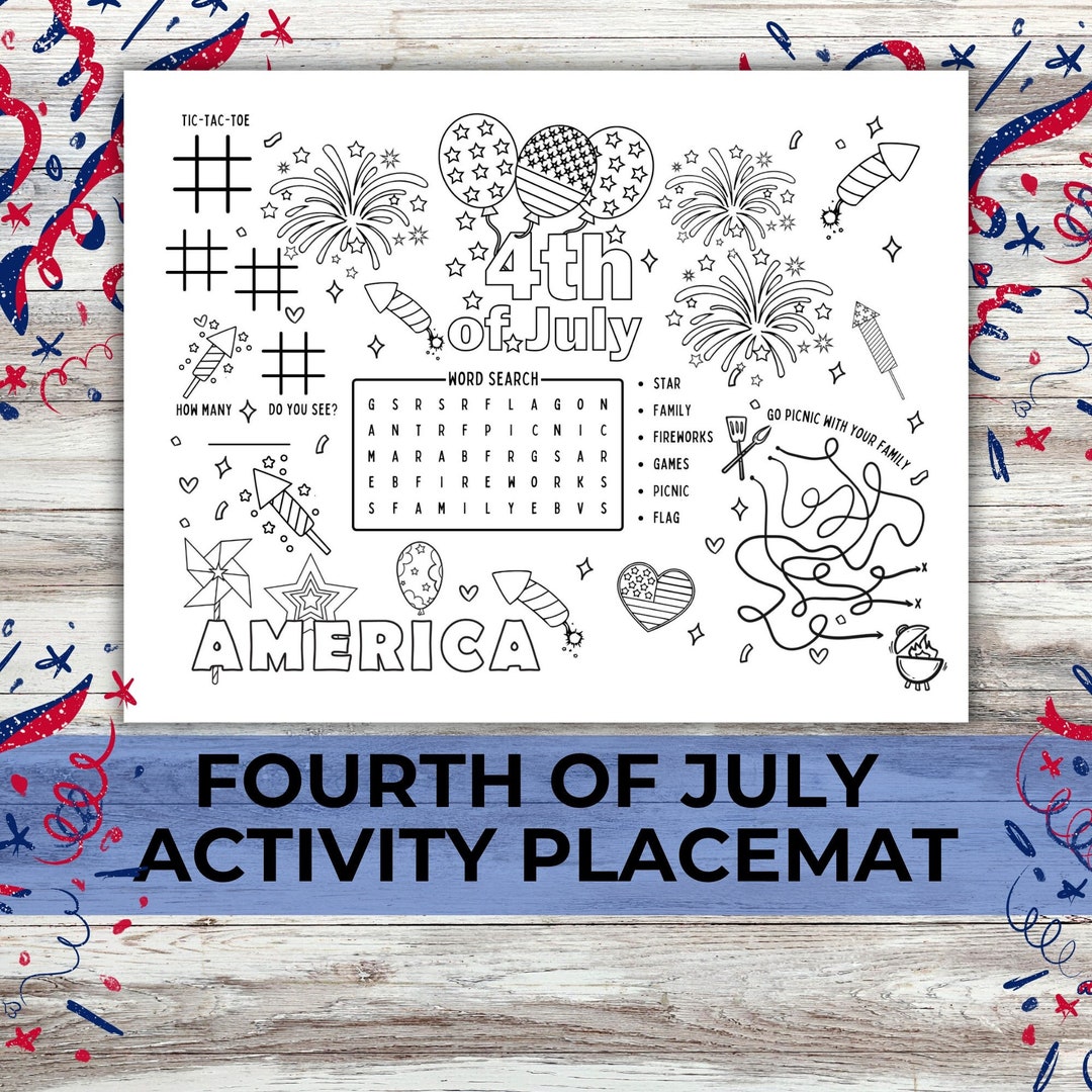 4th of July Coloring Activity Placemat, Family Party Printable Activity ...
