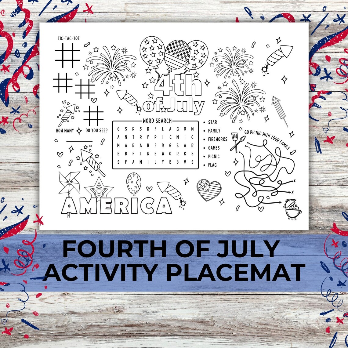 4th of July Coloring Activity Placemat, Family Party Printable Activity ...