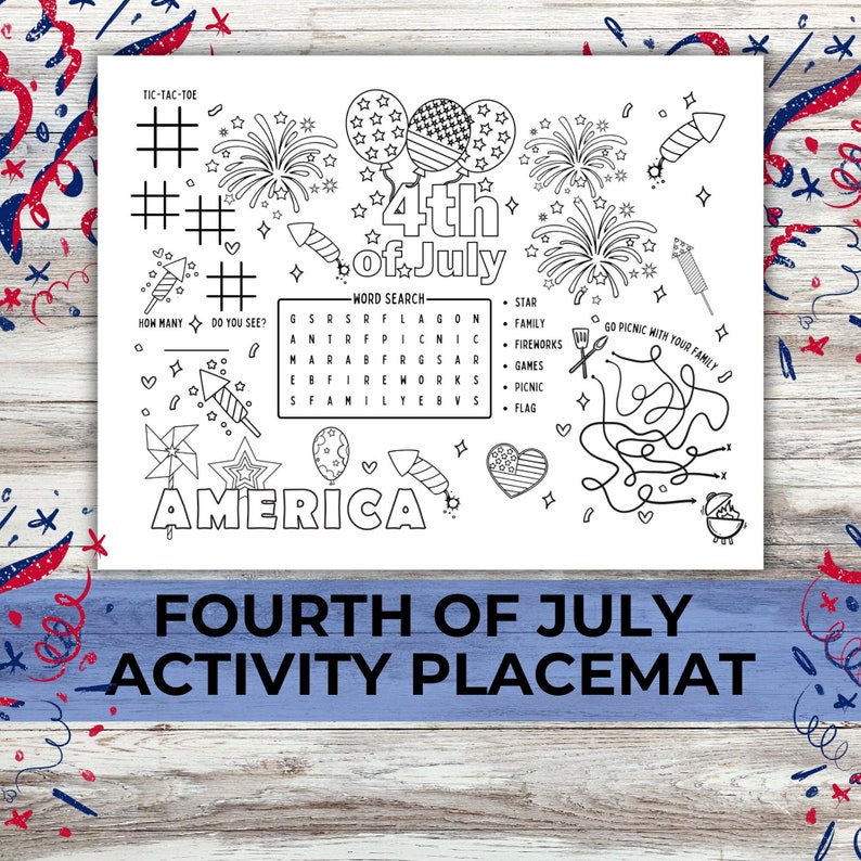 4th of July Coloring Activity Placemat, Family Party Printable Activity ...