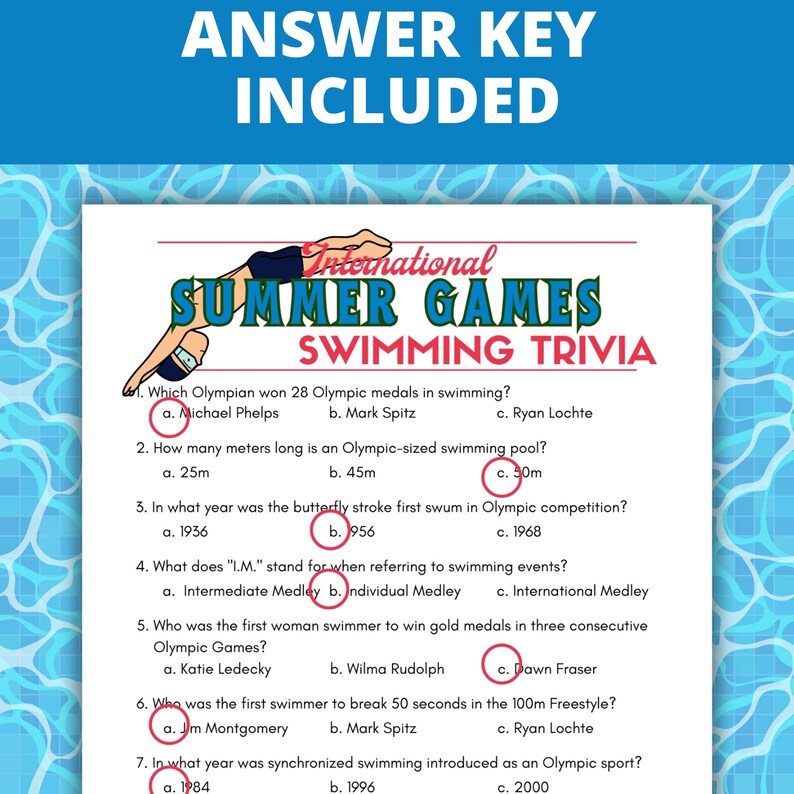 Swimming Trivia Game, Swimming Summer Games 2024, Swim Club Printable ...