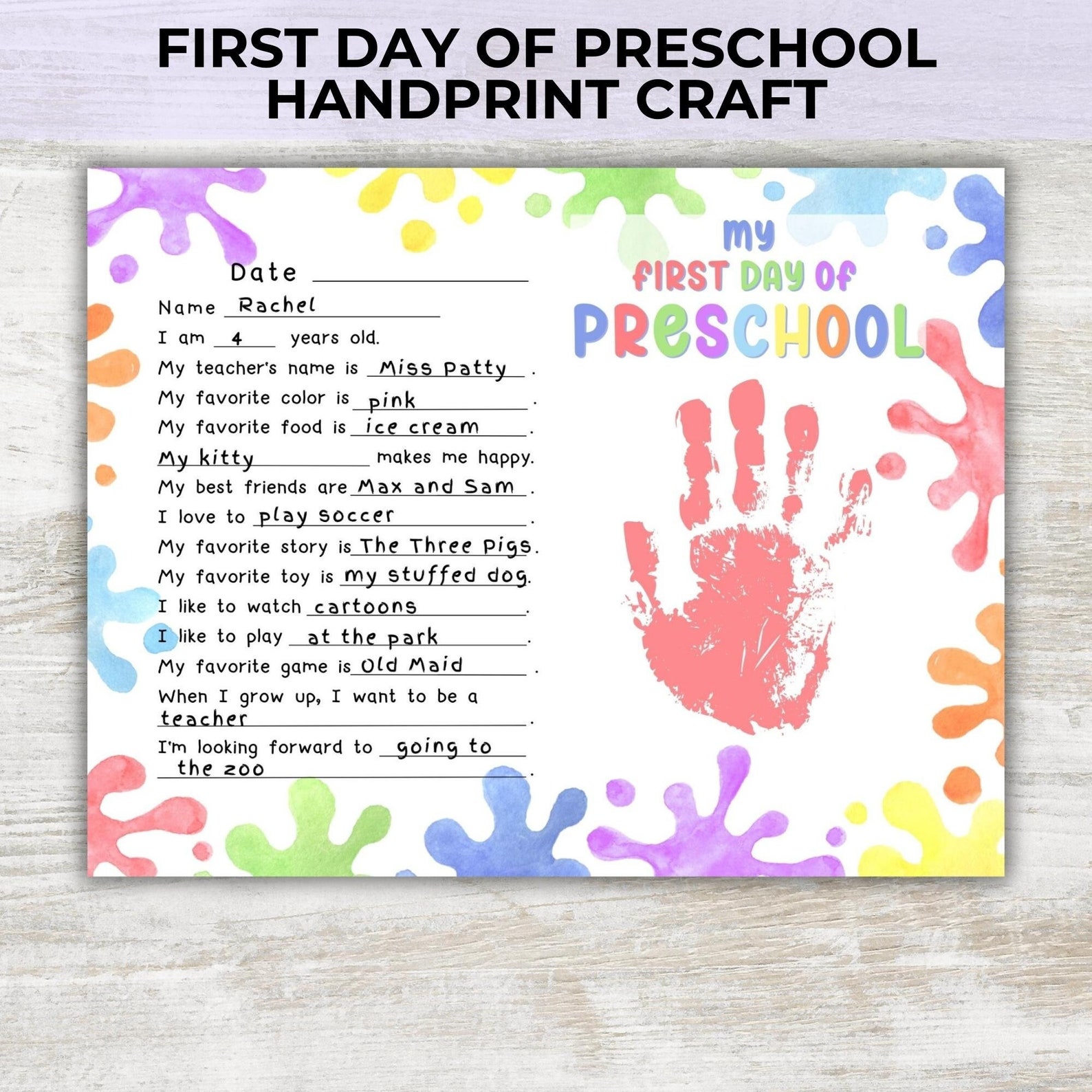 First Day of Preschool Keepsake Handprint Craft Handprint Art - Etsy