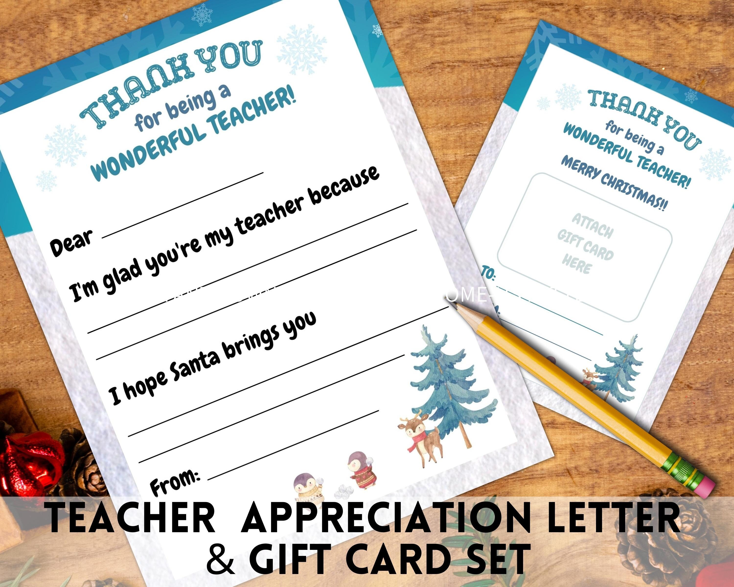 Teacher Appreciation Letter, Printable Teacher Christmas Gift Card ...