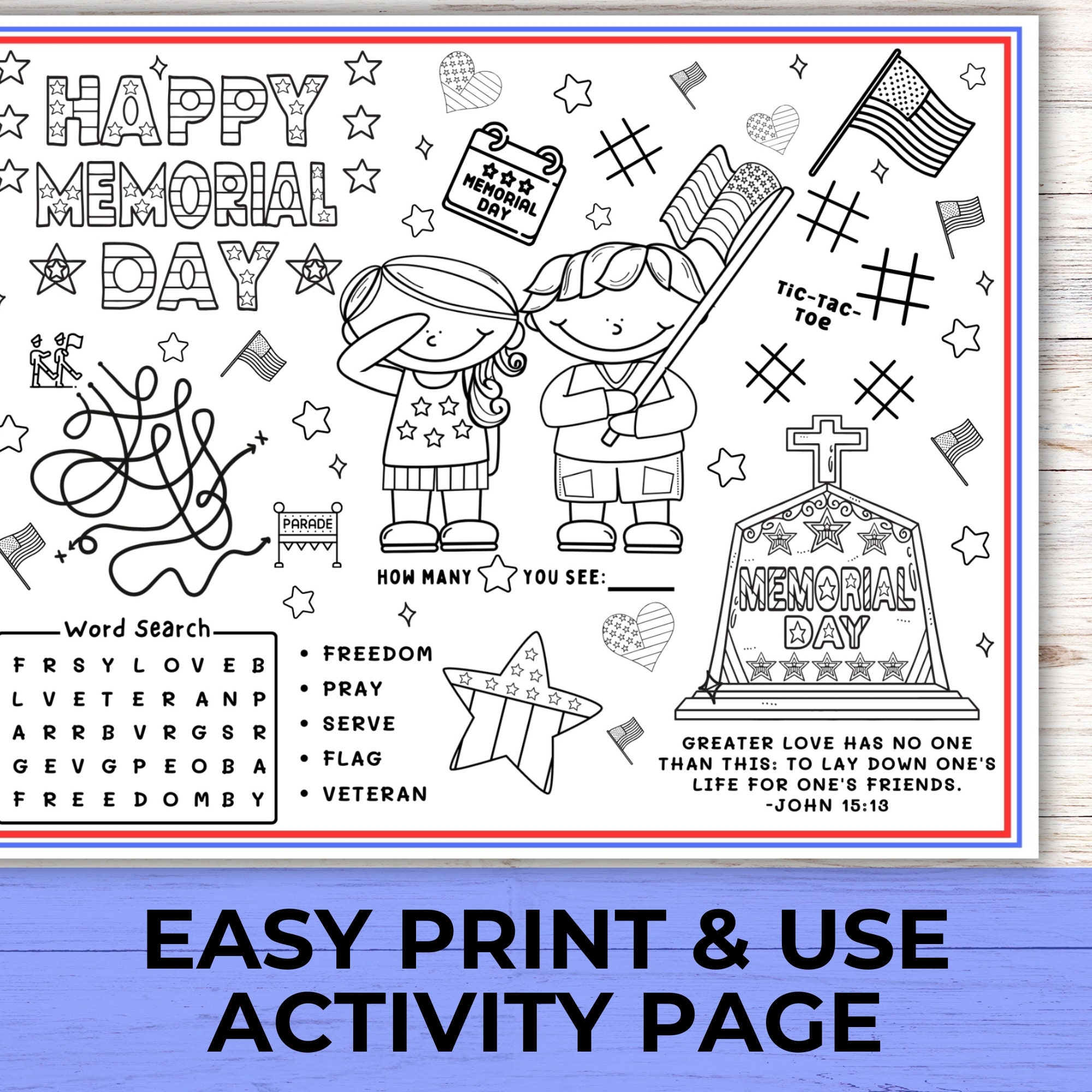 Memorial Day Bible Activity Coloring Placemat, Memorial Day Church ...