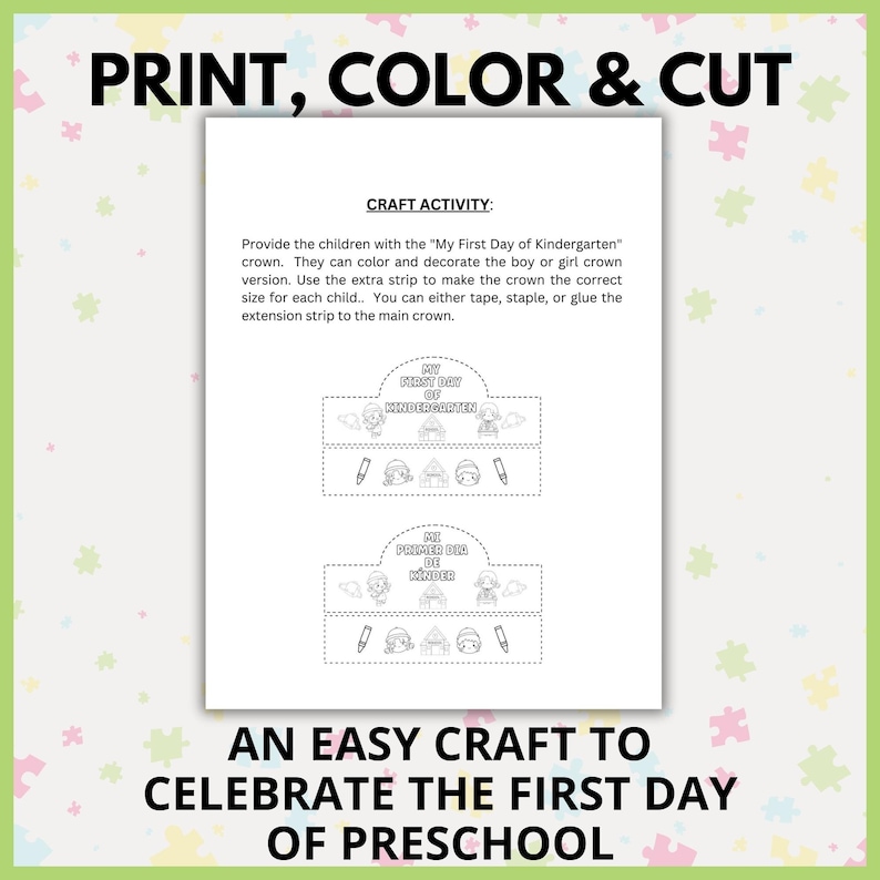First Day of Kindergarten Crown Craft Activity Printable, English ...