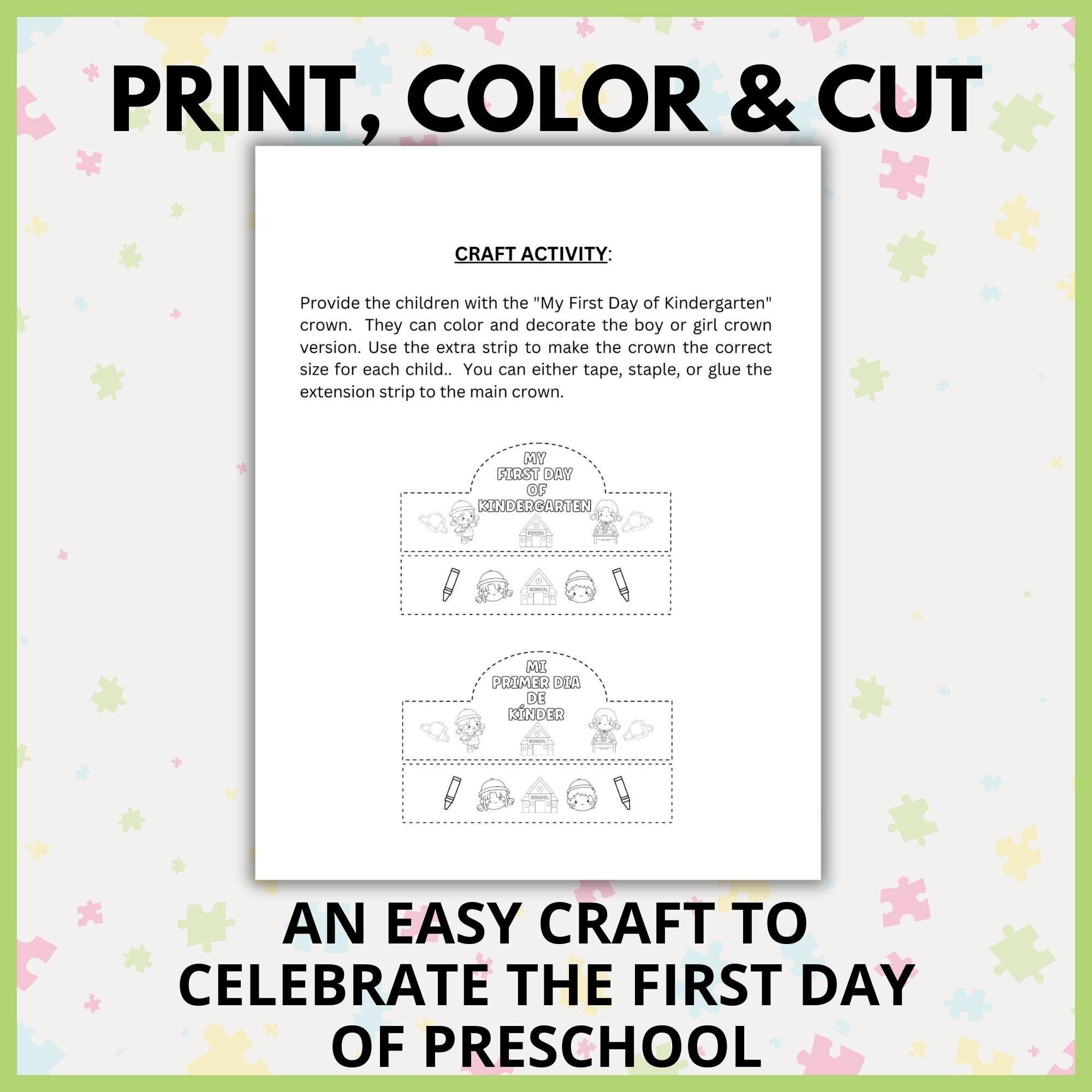 First Day of Kindergarten Crown Craft Activity Printable, English ...