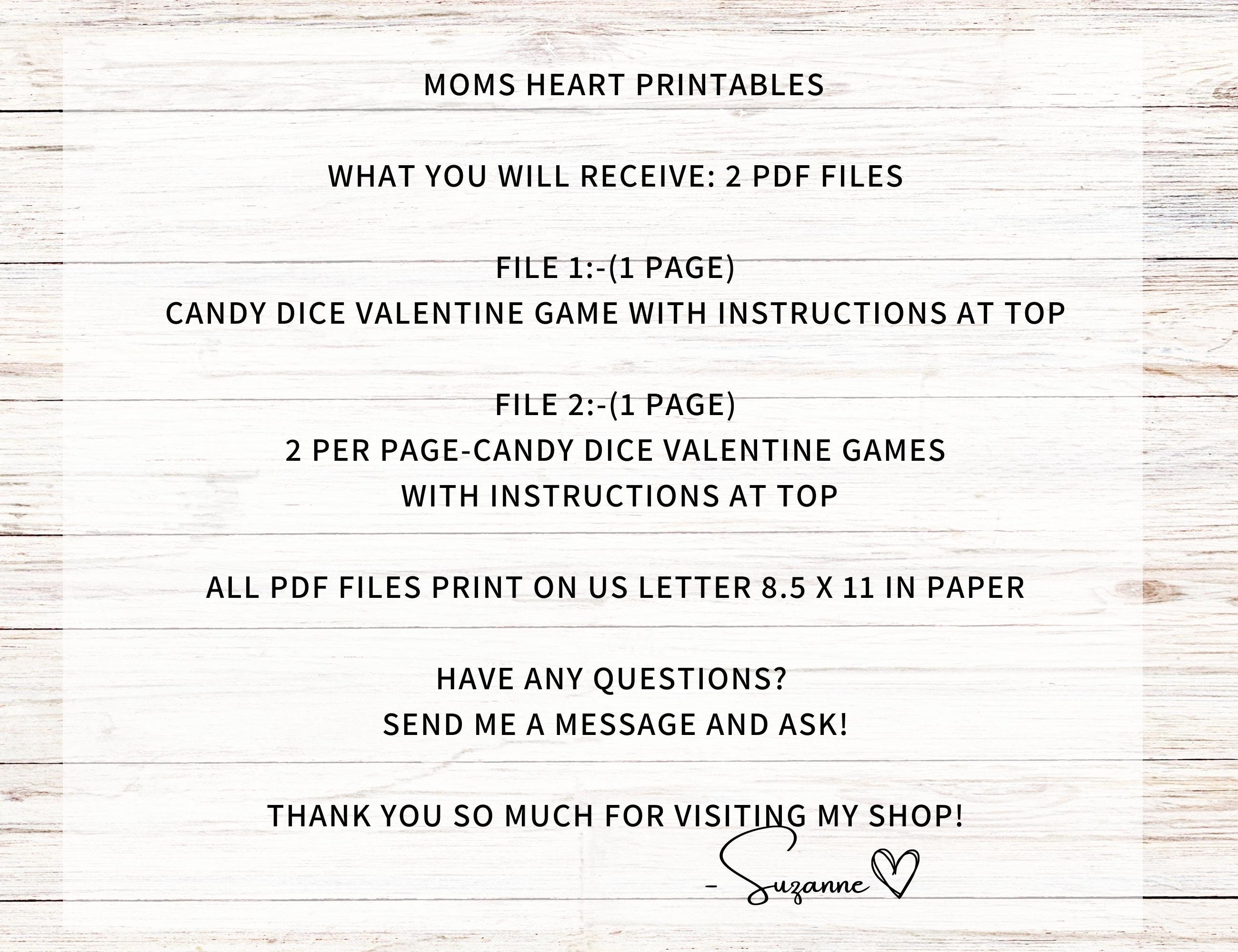 Valentine's Day Candy Dice Game, Printable Valentine's Day Party Game ...