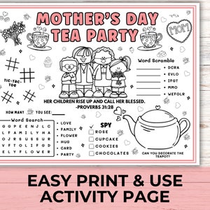 Mothers Day Tea Party Bible Activity Coloring Placemat, Mothers Day ...