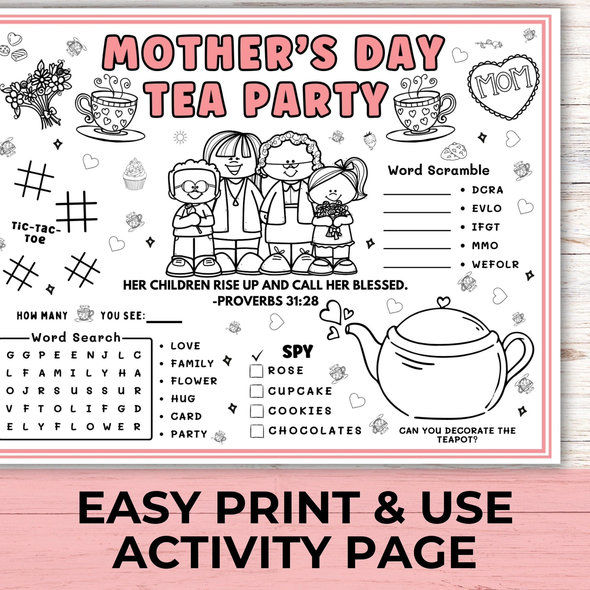 Mothers Day Tea Party Bible Activity Coloring Placemat, Mothers Day ...