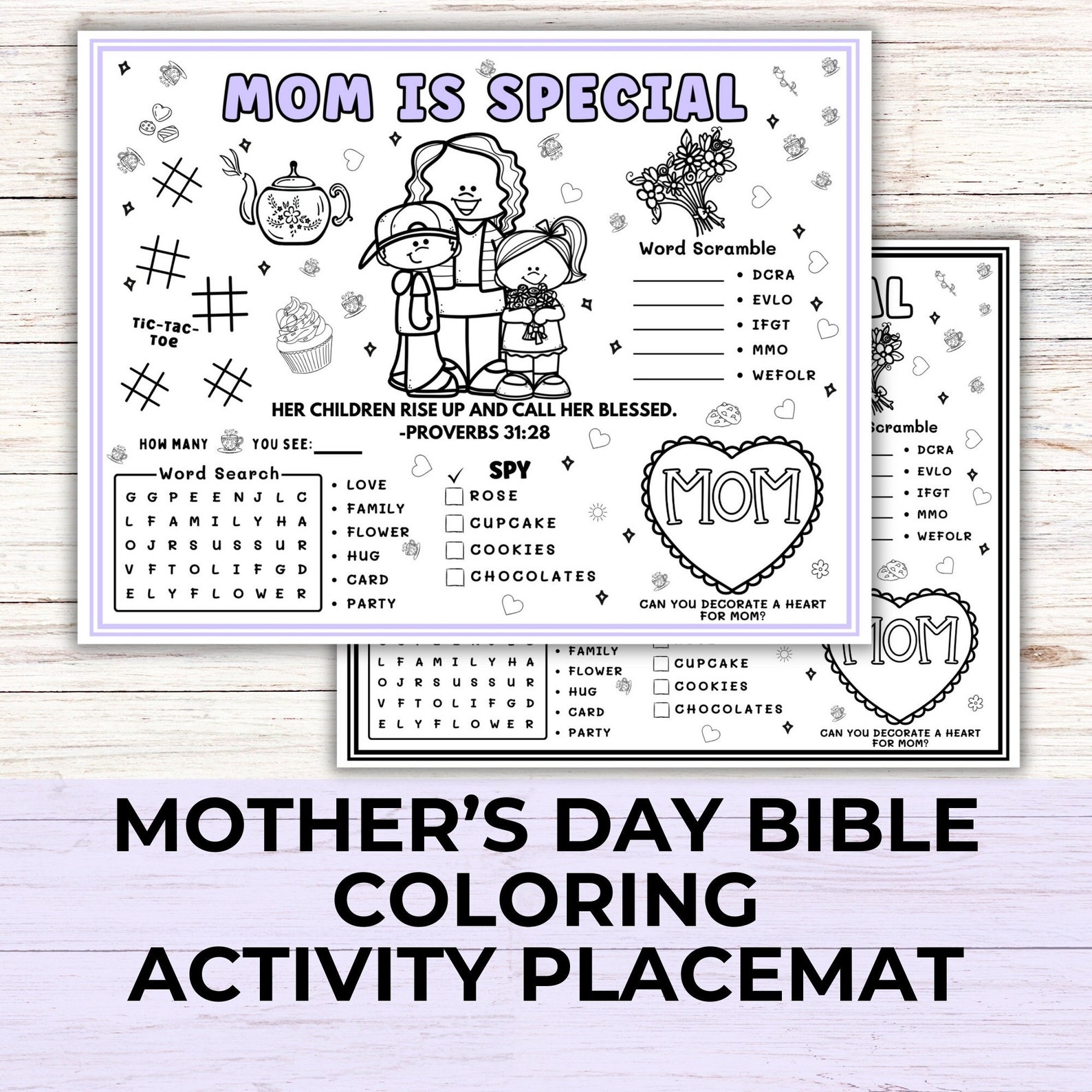 Mothers Day Bible Activity Coloring Placemat, Mothers Day Church Games ...