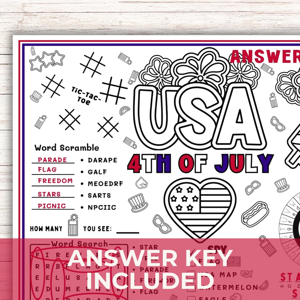 4th of July Activity Coloring Placemat, Patriotic Printable Game ...