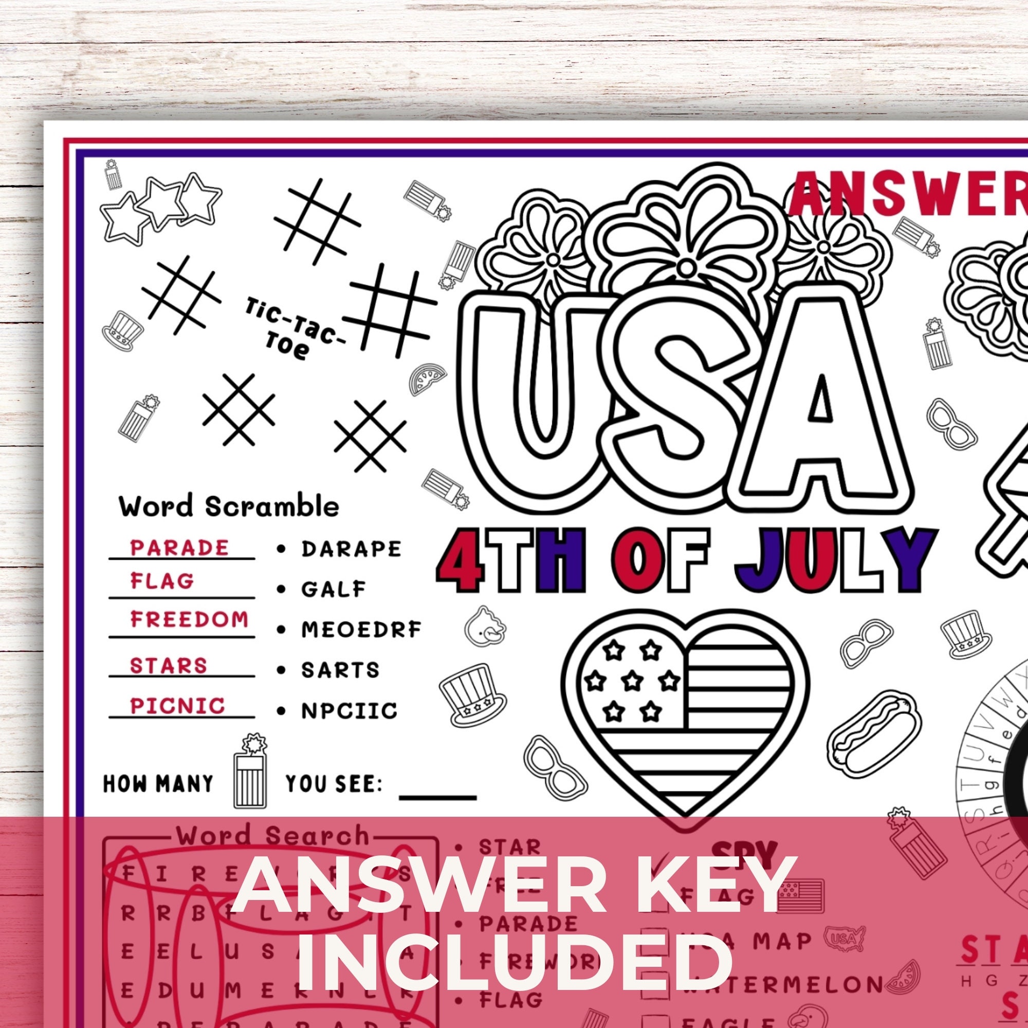 4th of July Activity Coloring Placemat, Patriotic Printable Game ...