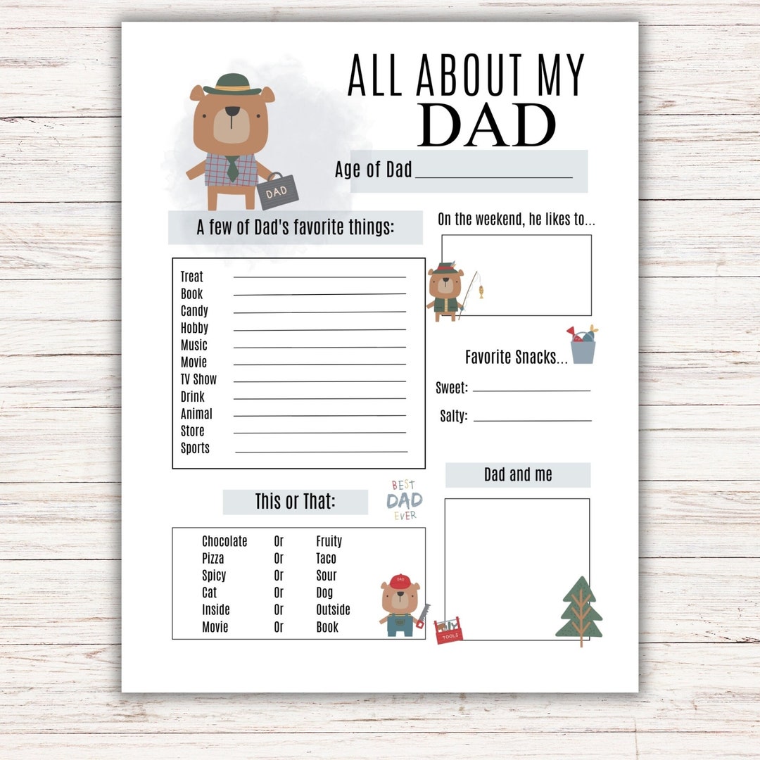 All About My Dad Fathers Day Questionnaire Gift for Dad, DIY Printable ...
