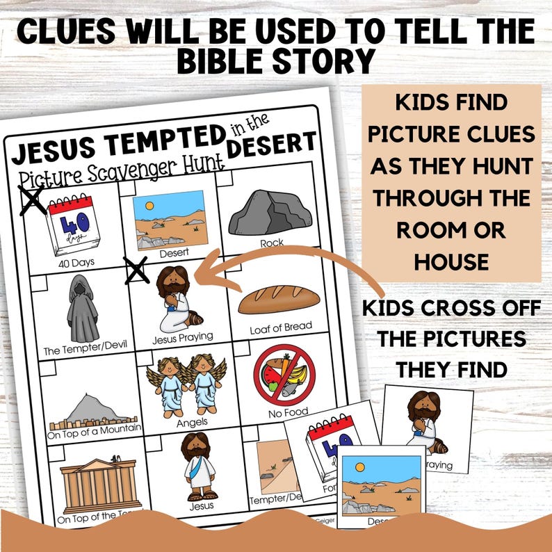 Jesus Tempted in the Desert Bible Lesson Scavenger Hunt Activity Prek ...