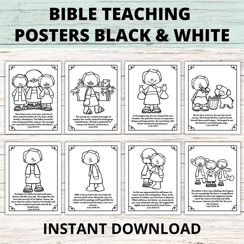 The Prodigal Son Bible Lesson Teaching Posters and Coloring, Sunday ...