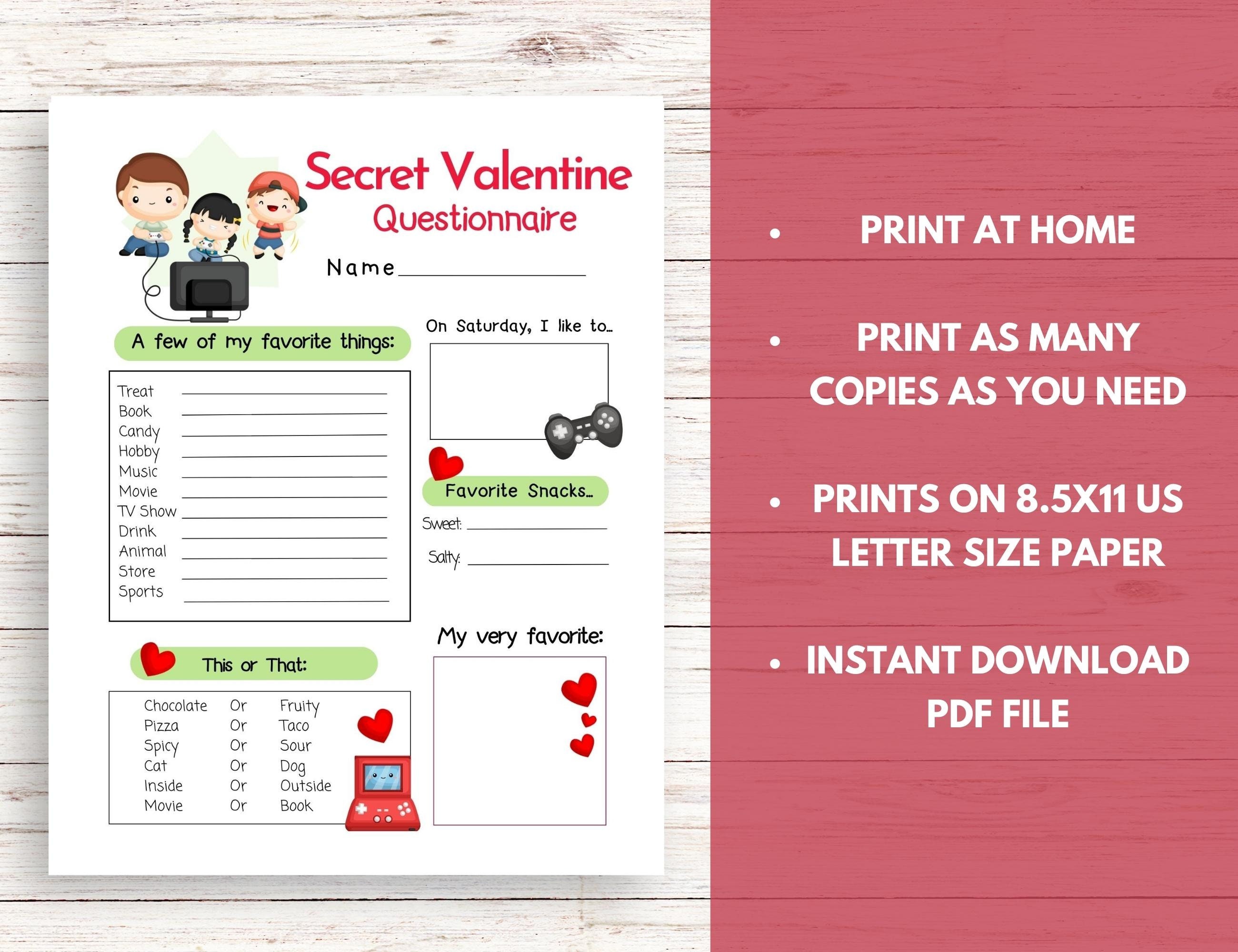Secret Valentine Questionnaire, Video Gamer Secret Valentine Printable ...