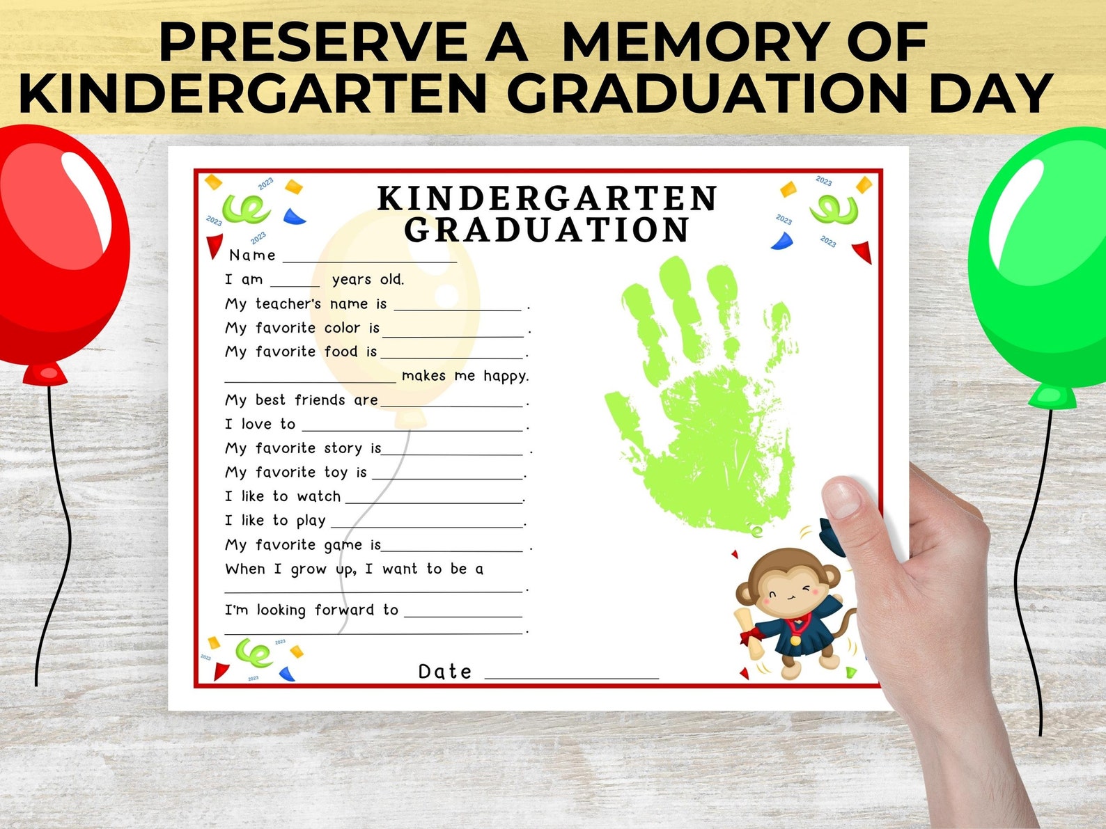 Last Day of Kindergarten Graduation Keepsake Handprint Art, Handprint ...
