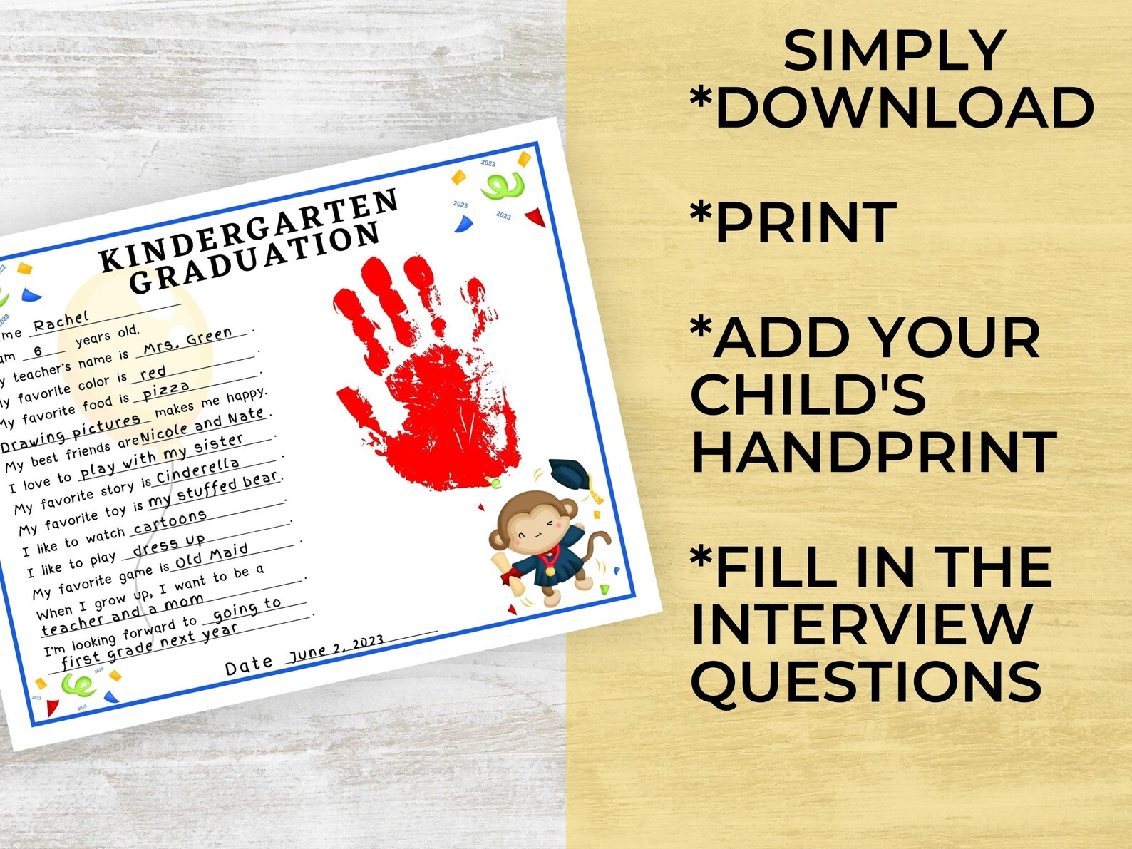 Last Day of Kindergarten Graduation Keepsake Handprint Art, Handprint ...