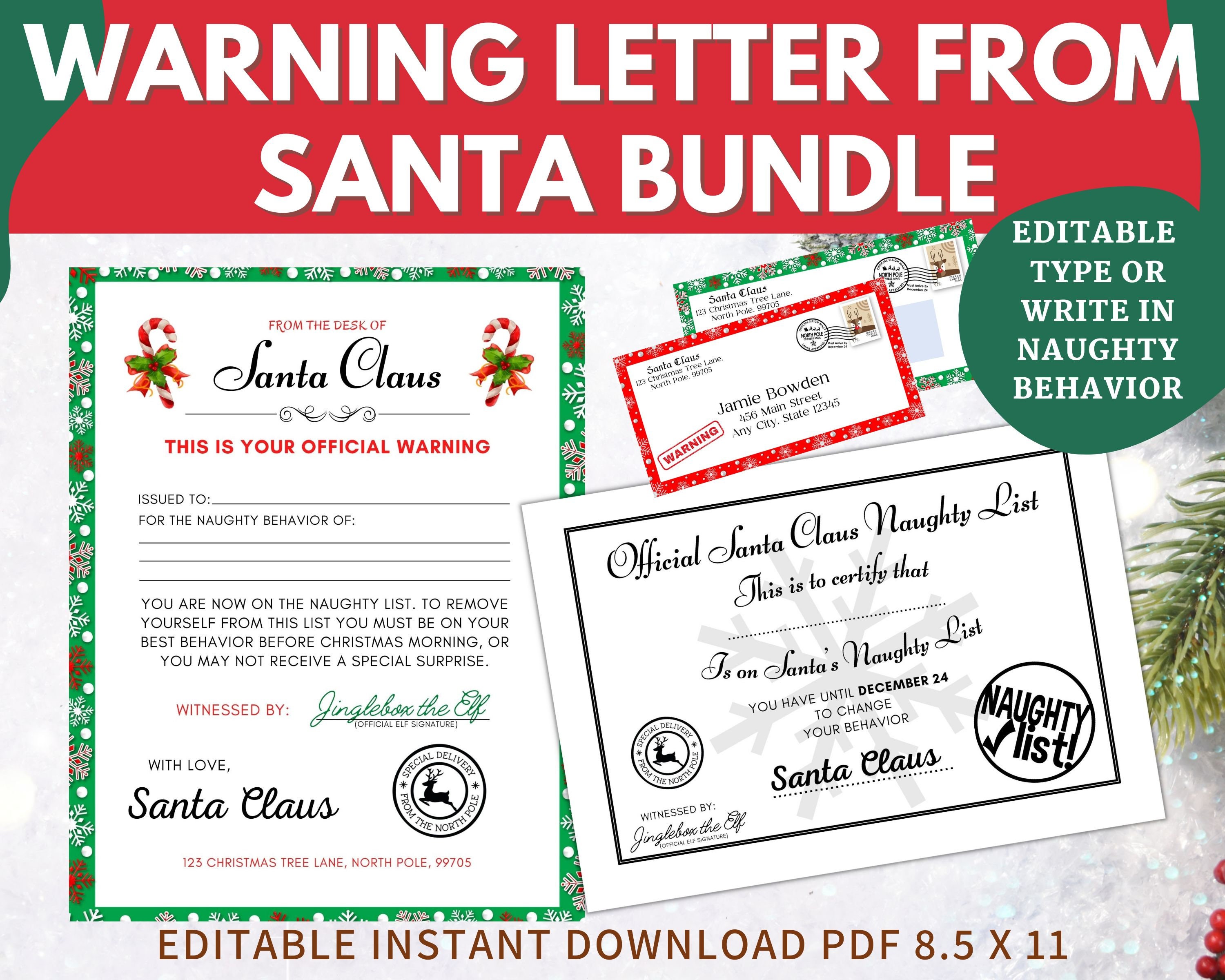 Editable Warning Letter From Santa, Printable Naughty List Santa Letter ...