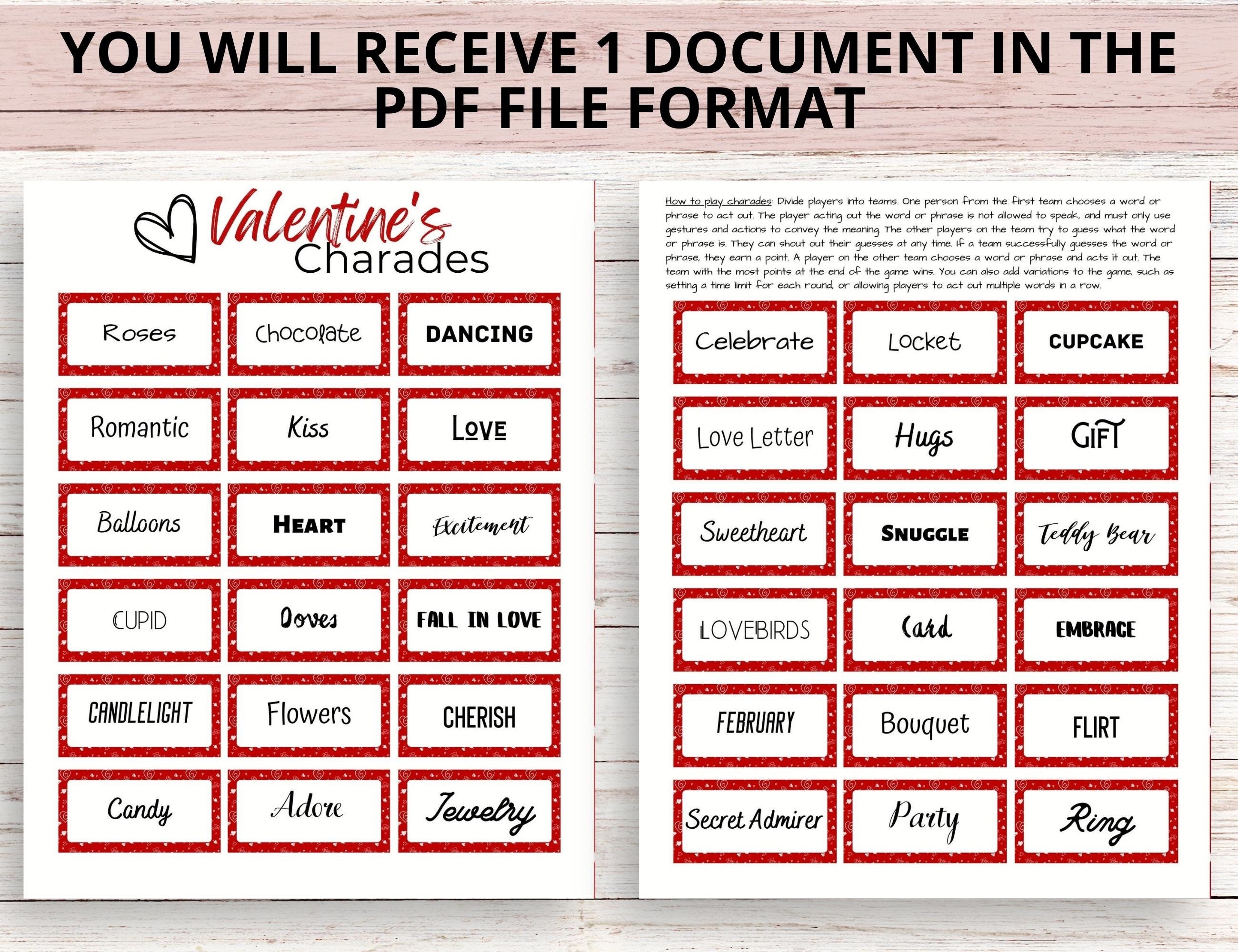 Valentine's Charades Game, Valentine's Day Party Game for Family Game ...