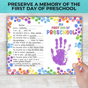 First Day of Preschool Memory Keepsake Handprint Art, Handprint Craft ...