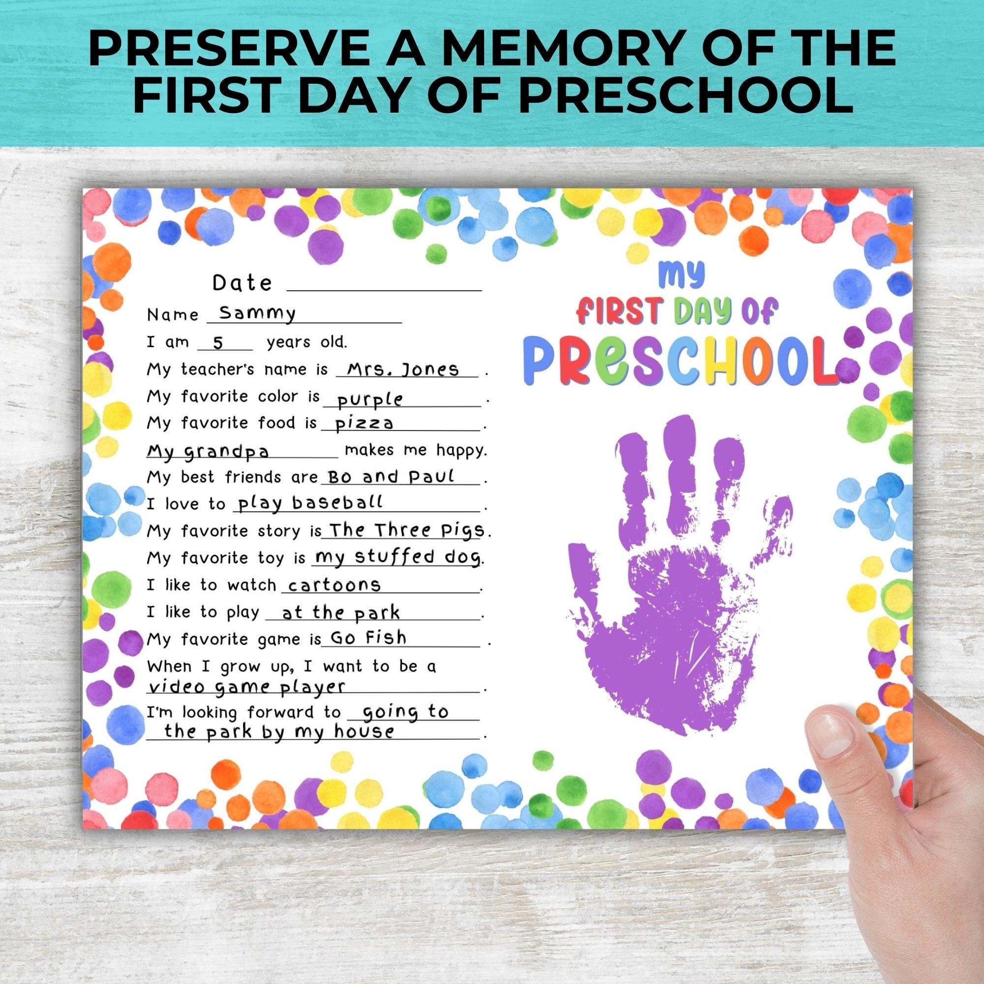 First Day of Preschool Memory Keepsake Handprint Art, Handprint Craft ...