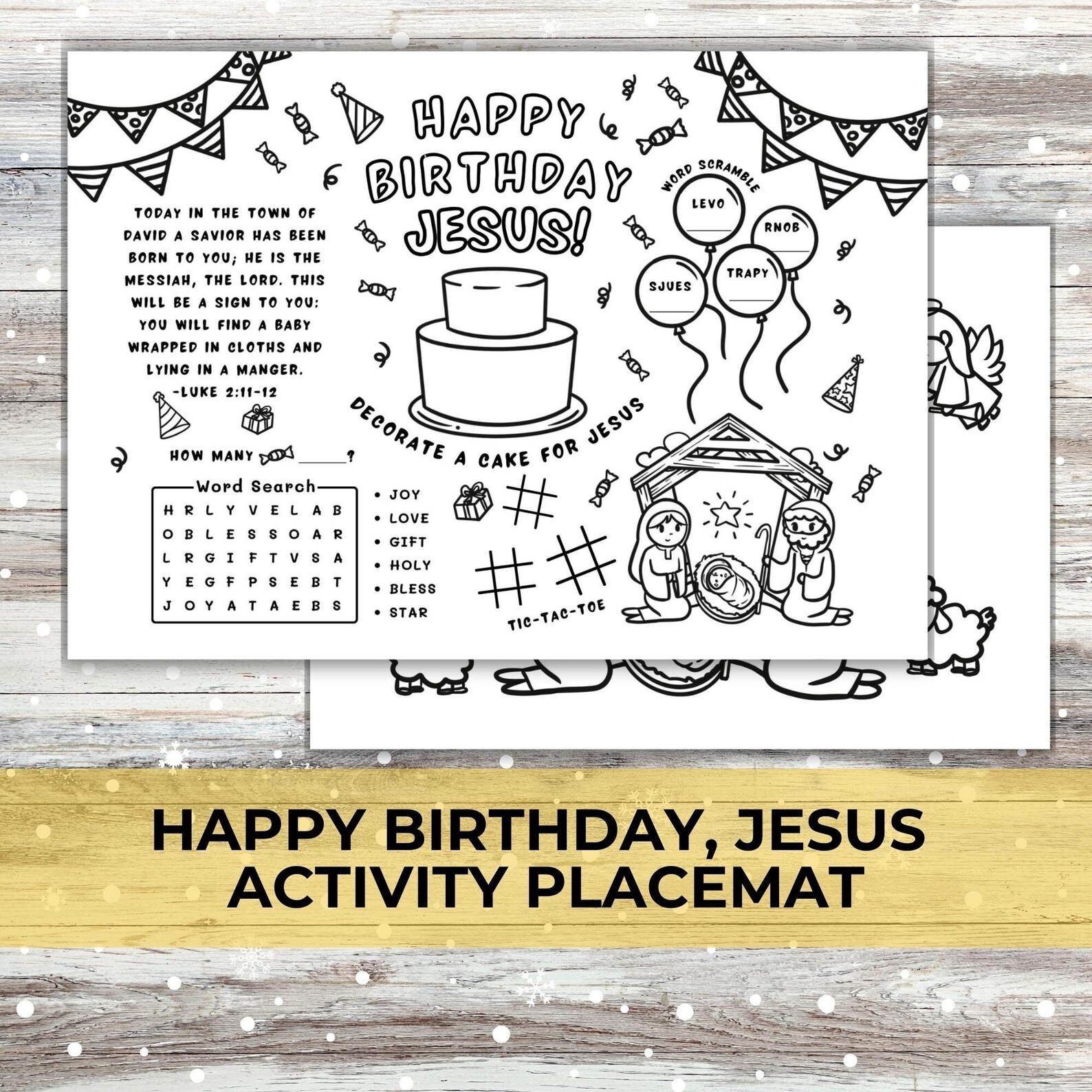 Happy Birthday Jesus Bible Activity Coloring Placemat, Christmas Sunday ...