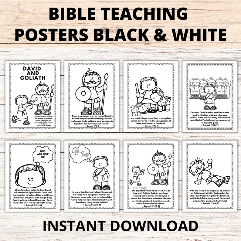 David and Goliath Bible Lesson Teaching Posters and Coloring, Sunday ...