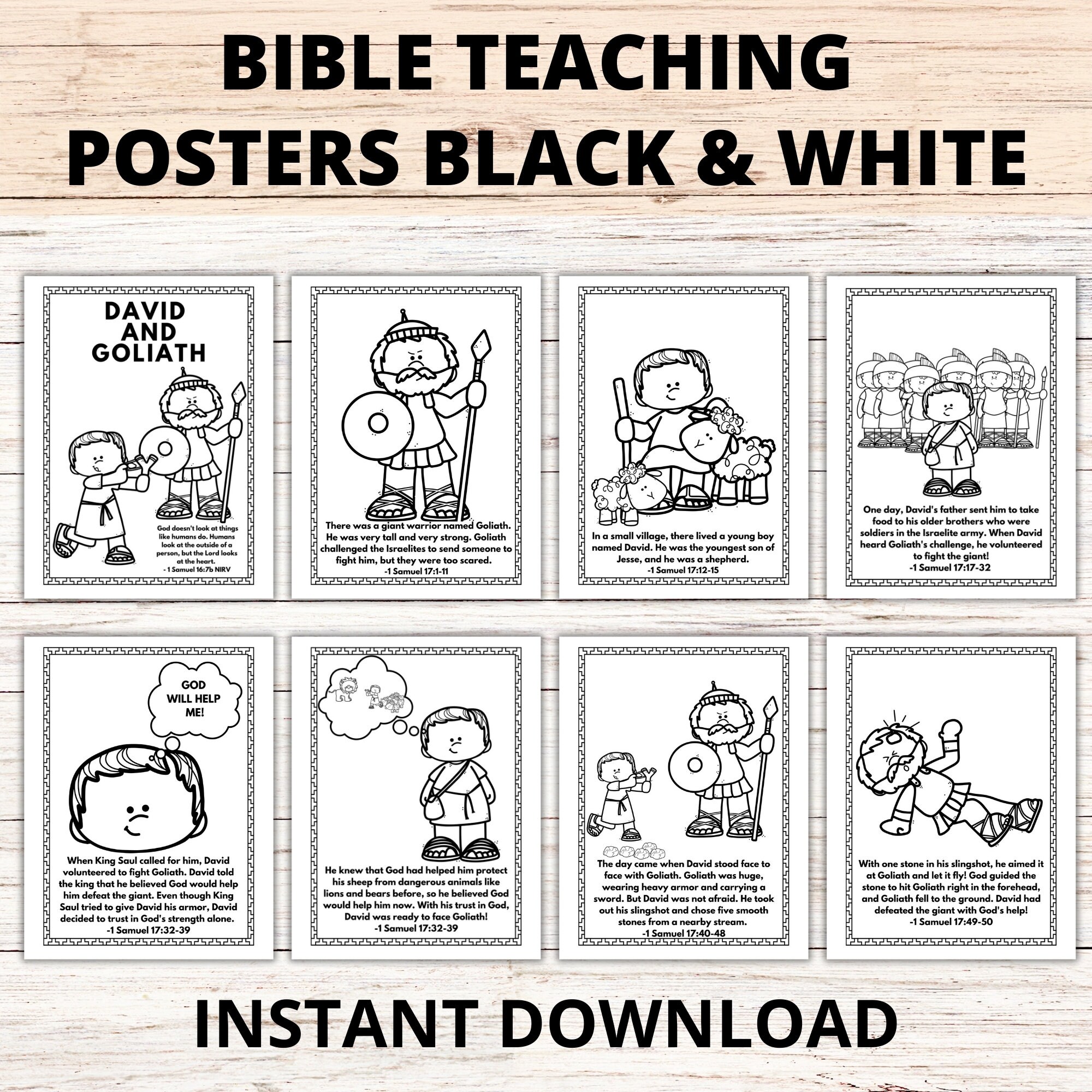 David and Goliath Bible Lesson Teaching Posters and Coloring, Sunday ...
