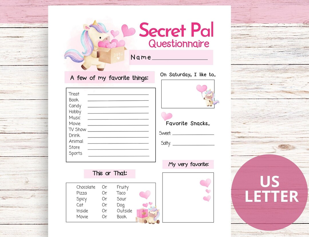 Secret Pal Questionnaire, Valentine's Day Secret Valentine Printable ...