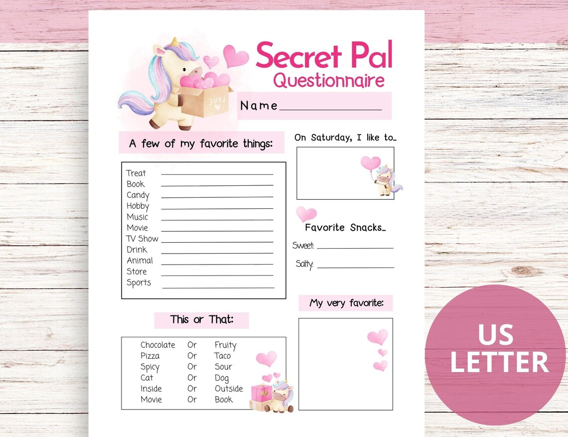 Secret Pal Questionnaire, Valentine's Day Secret Valentine Printable ...