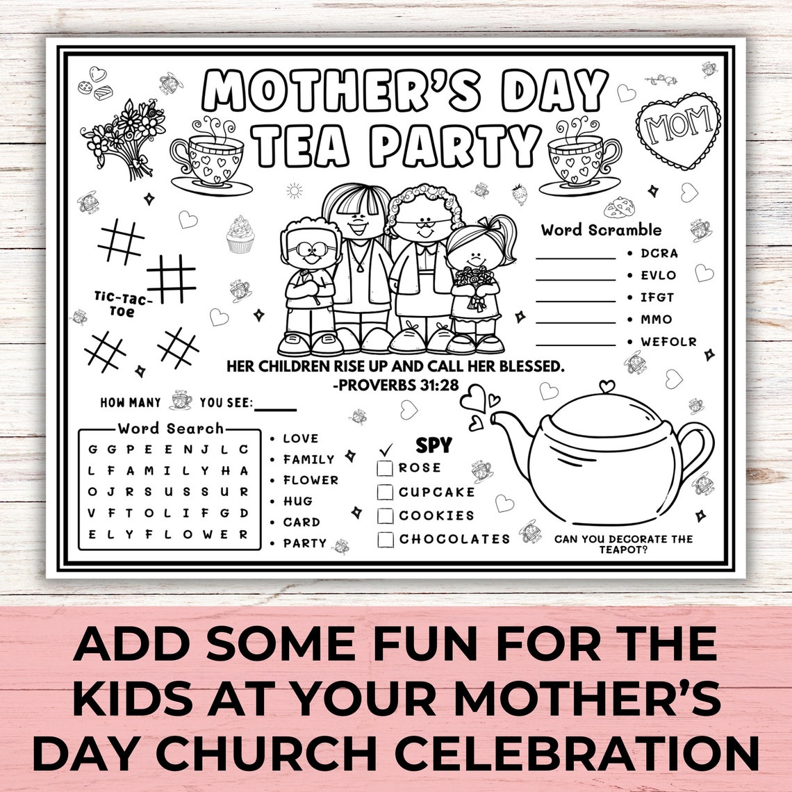 Mothers Day Tea Party Bible Activity Coloring Placemat, Mothers Day ...