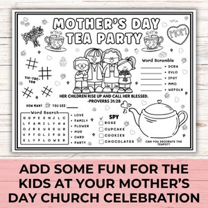 Mothers Day Tea Party Bible Activity Coloring Placemat, Mothers Day ...