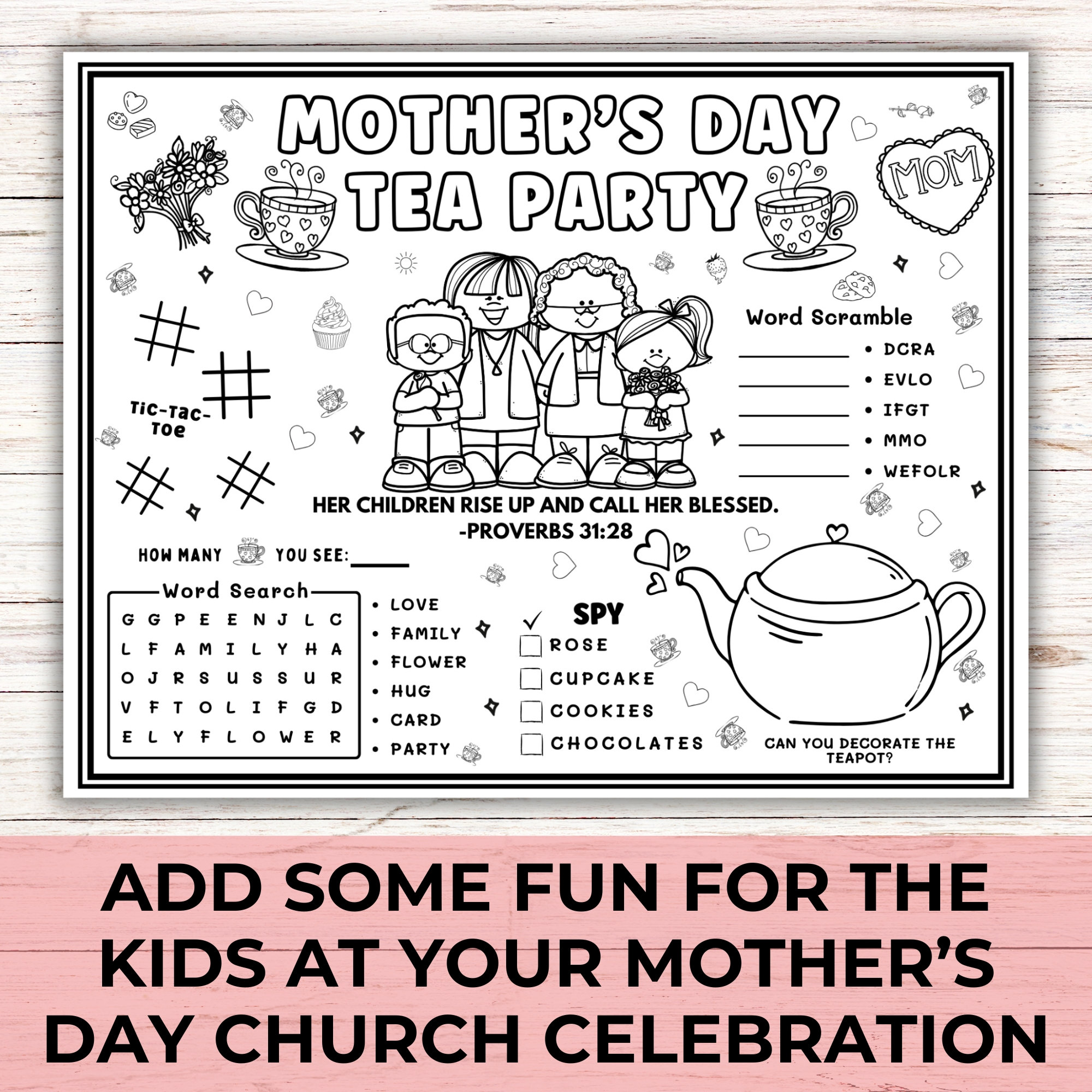 Mothers Day Tea Party Bible Activity Coloring Placemat, Mothers Day ...