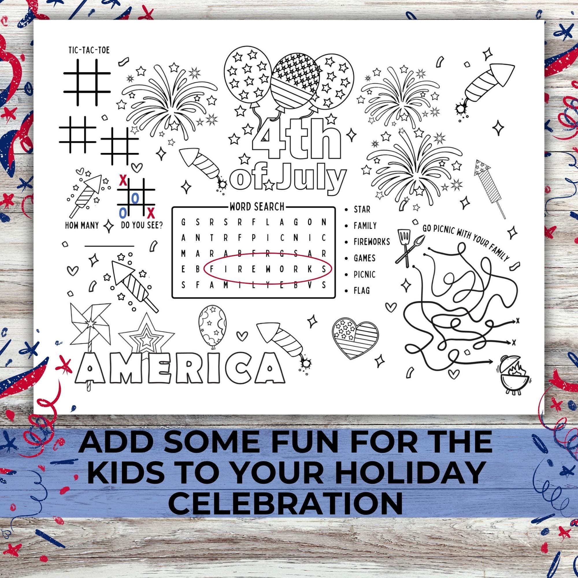 4th of July Coloring Activity Placemat, Family Party Printable Activity ...