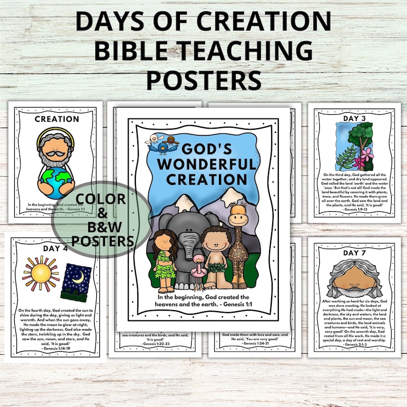 Days of Creation Sunday School Bible Teaching Posters, Printable Kids ...