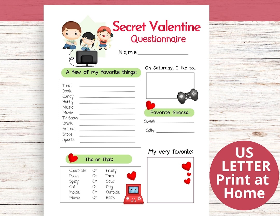 Secret Valentine Questionnaire, Video Gamer Secret Valentine Printable ...