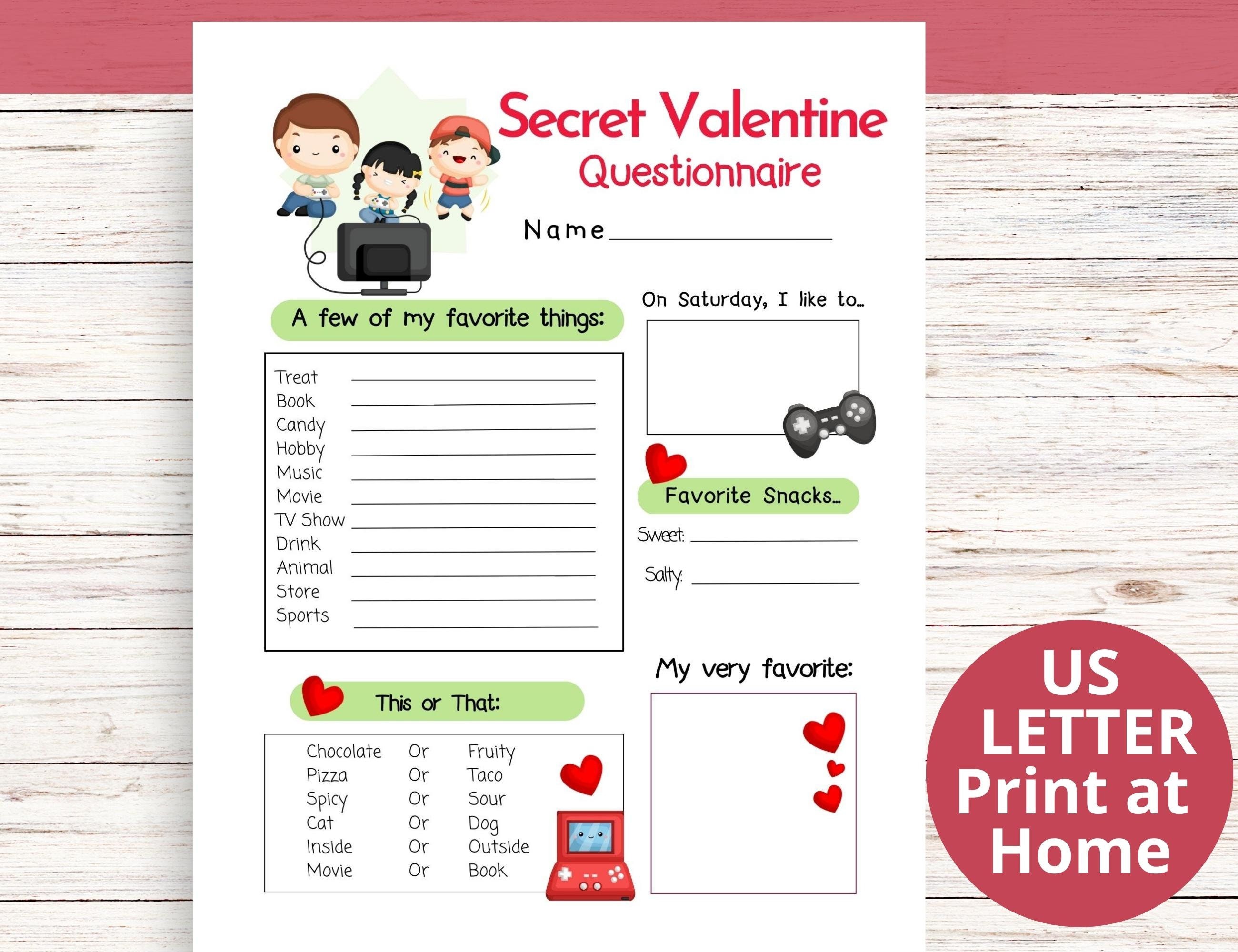 Secret Valentine Questionnaire, Video Gamer Secret Valentine Printable ...