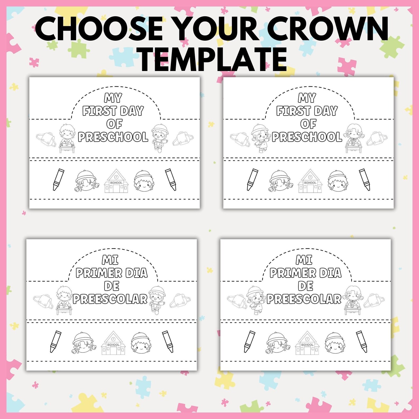 First Day of Preschool Crown Craft Activity Printable, English and ...