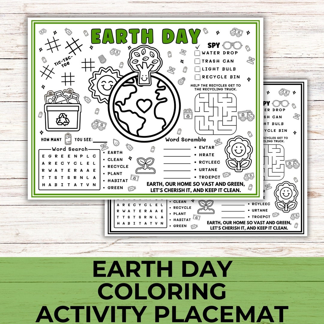Earth Day Activity Coloring Placemat, Earth Day Printable Game ...