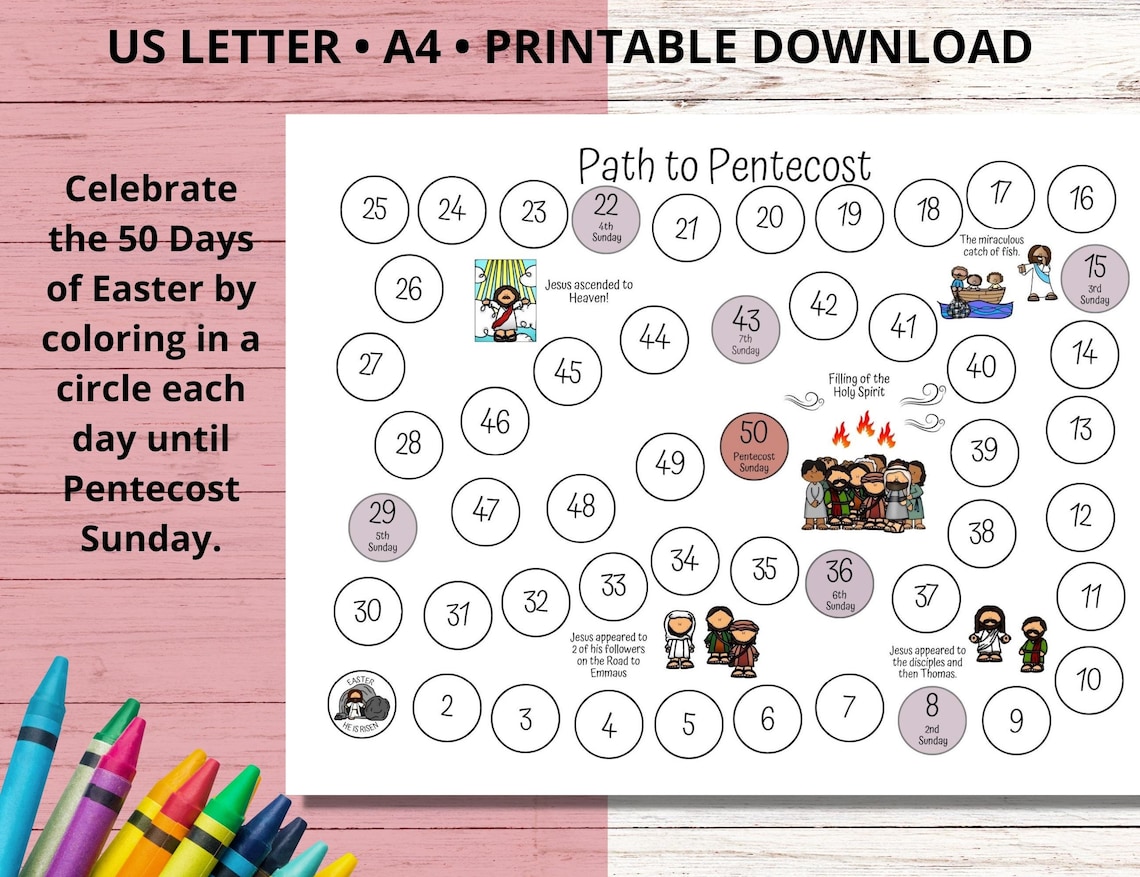 Pentecost Countdown Printable Calendar, 50 Days of Easter Calendar ...