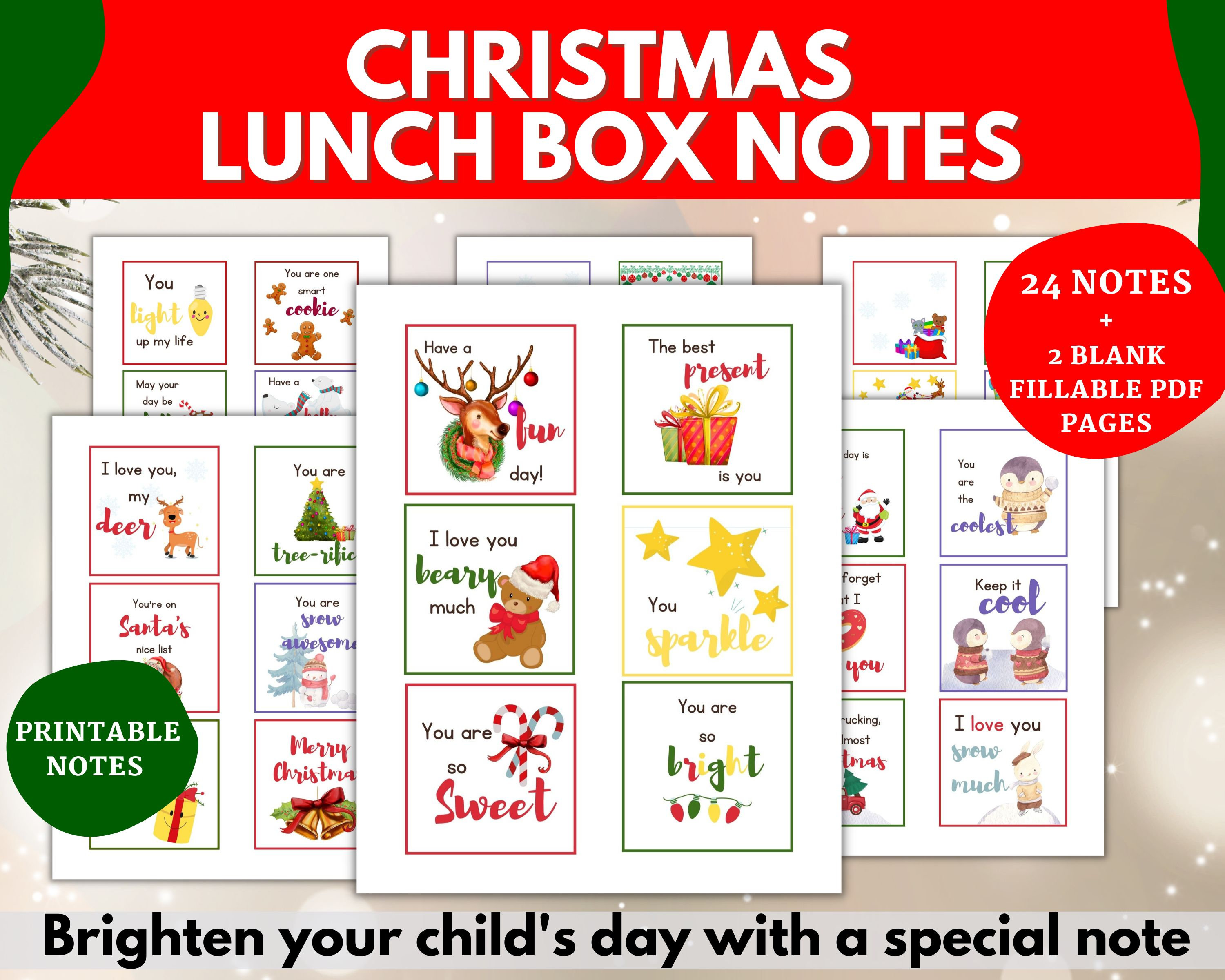 Christmas Lunch Box Notes for Kids, Printable Holiday Positive ...