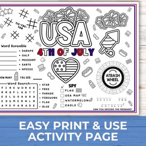 4th of July Activity Coloring Placemat, Patriotic Printable Game ...