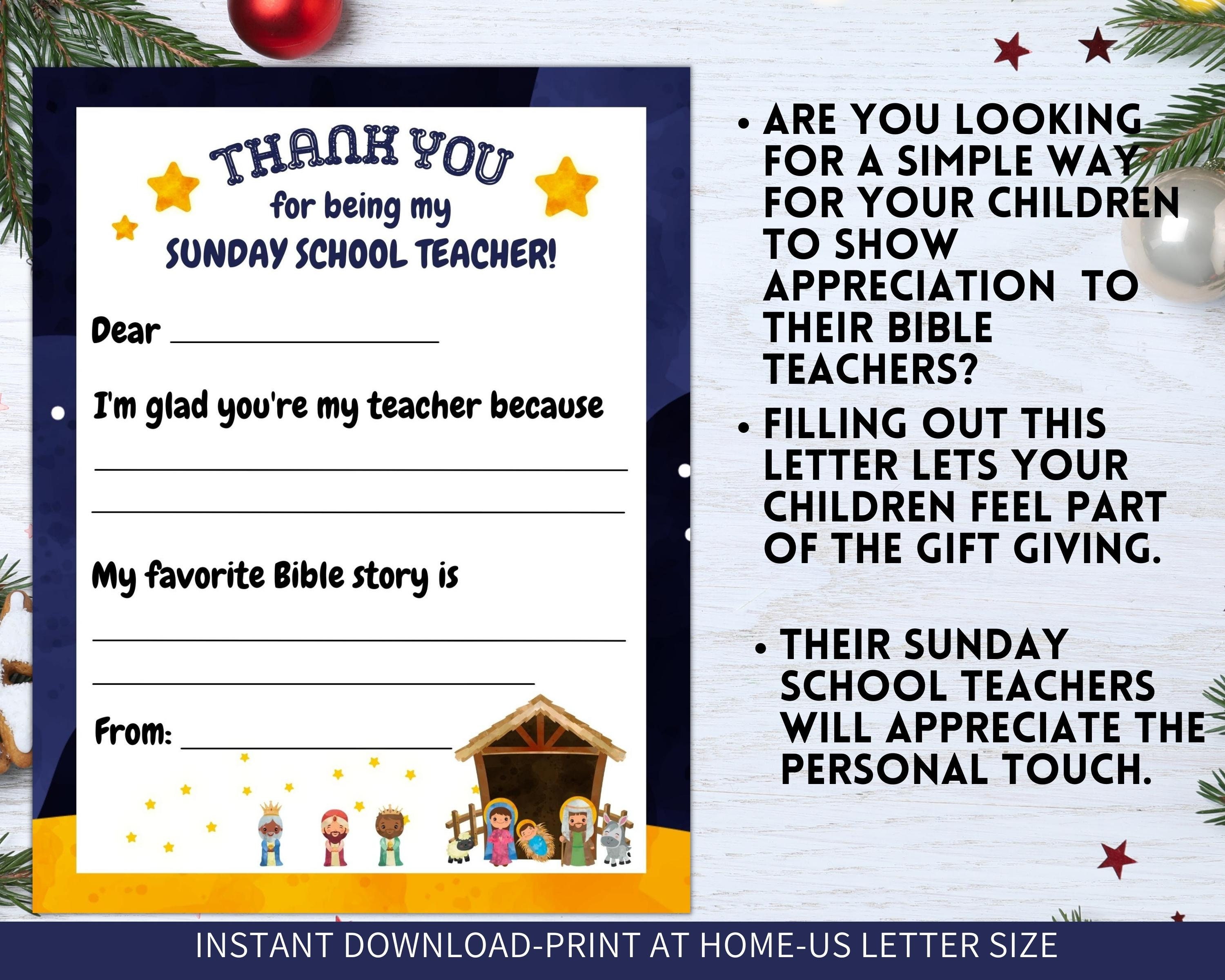 Sunday School Teacher Thank You, Christmas Appreciation Letter ...