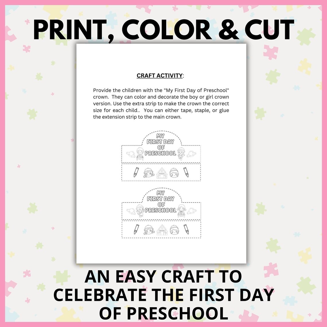 First Day of Preschool Crown Craft Activity Printable, English and ...