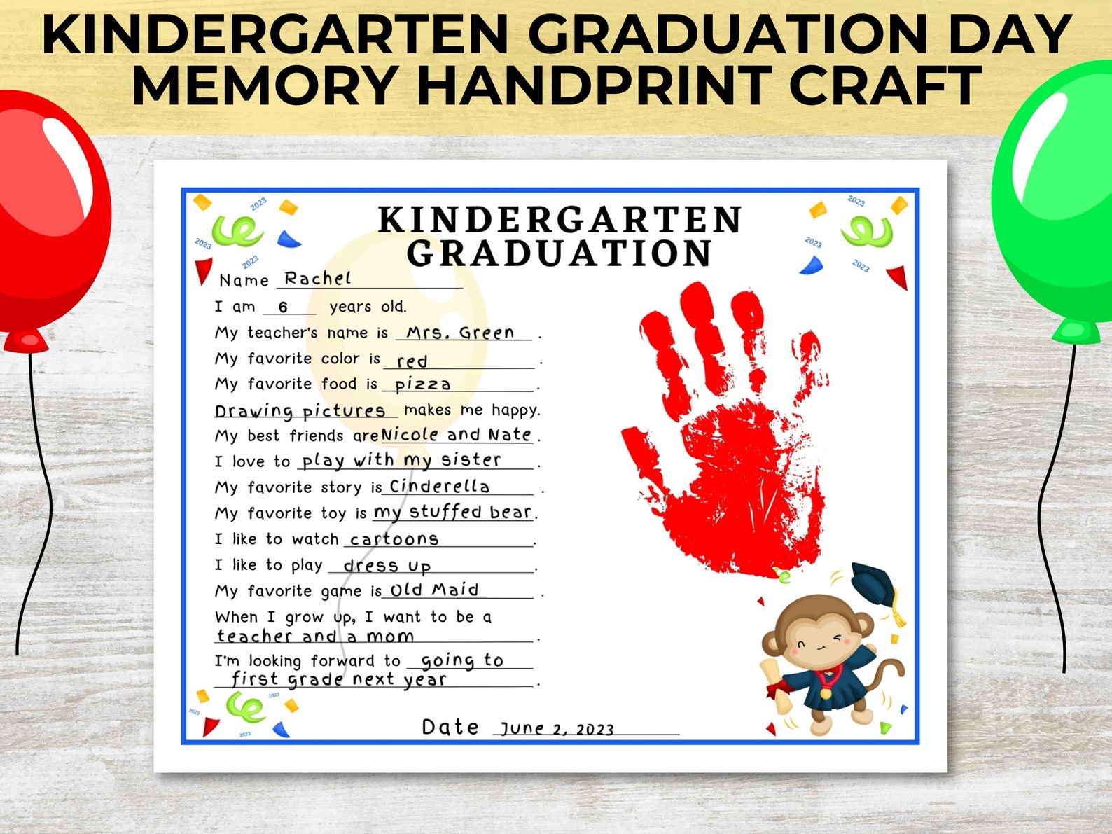 Last Day of Kindergarten Graduation Keepsake Handprint Art, Handprint ...