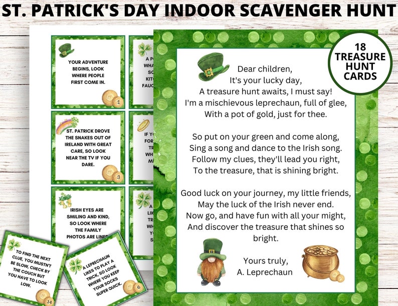 St. Patrick's Day Indoor Scavenger Hunt, St. Patricks Day Treasure Hunt ...