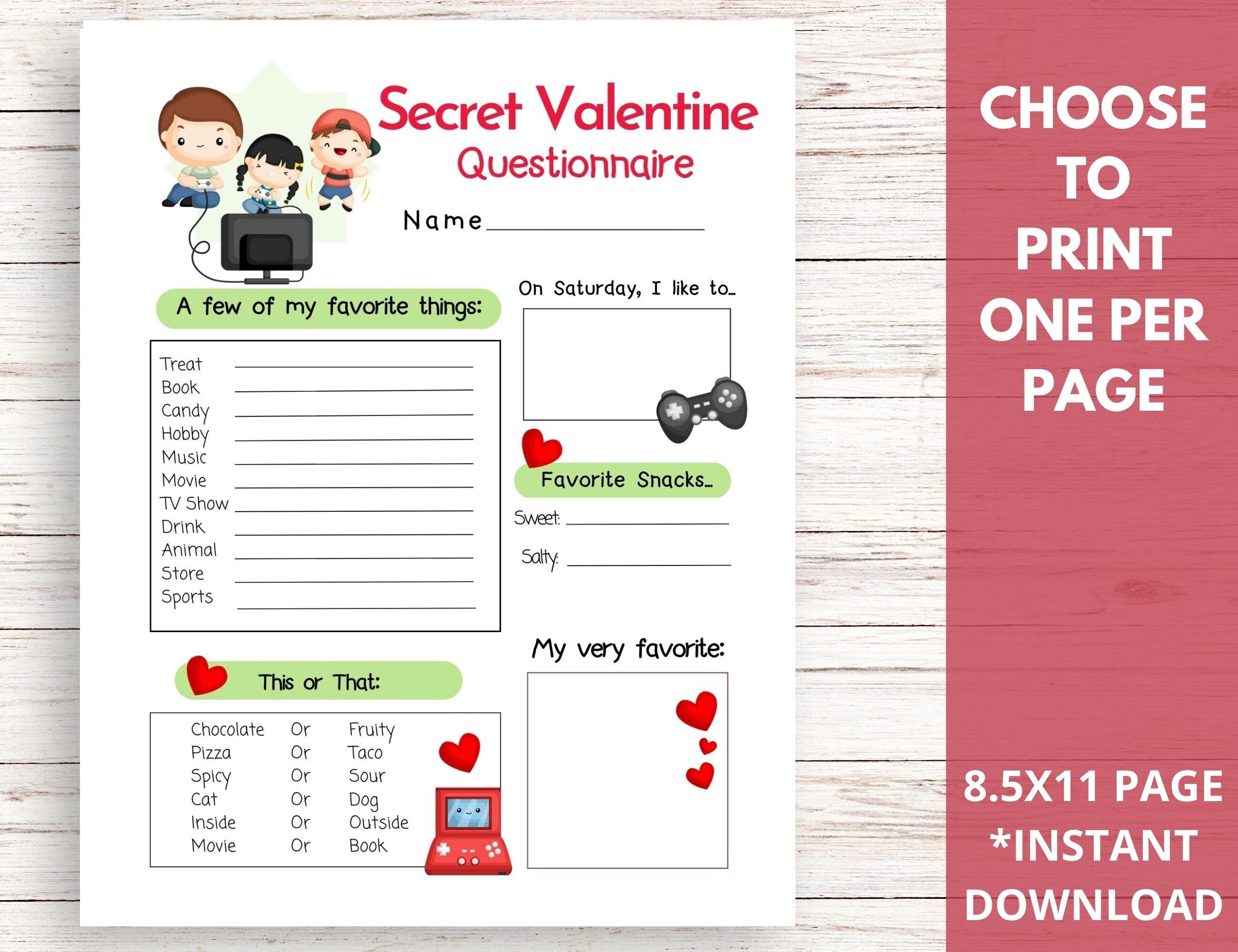 Secret Valentine Questionnaire, Video Gamer Secret Valentine Printable ...