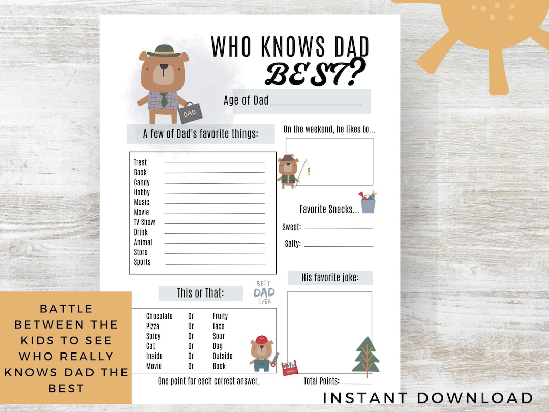 Fathers Day Printable Who Knows Dad Best Game for Families, Fathers Day ...