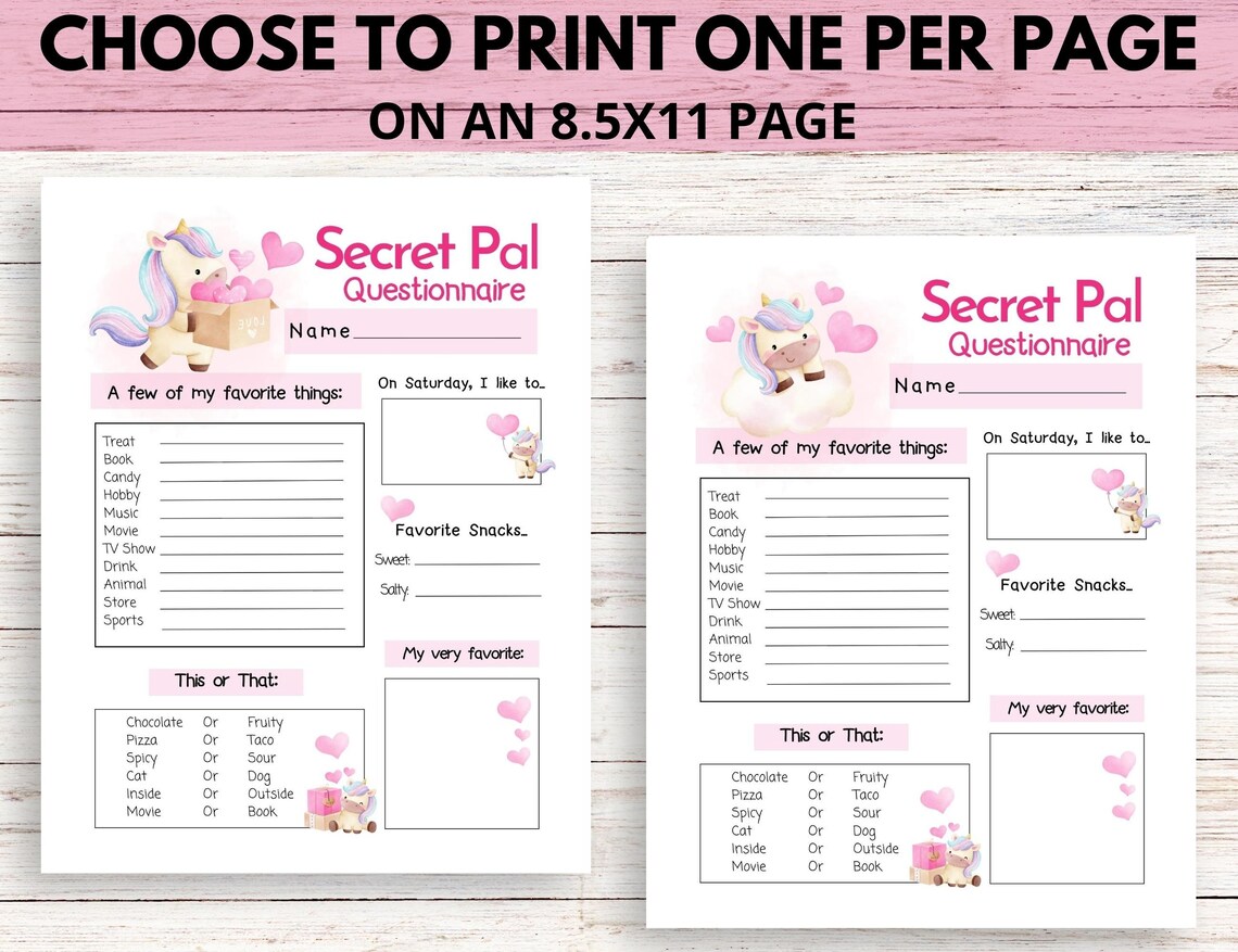Secret Pal Questionnaire, Valentine's Day Secret Valentine Printable ...